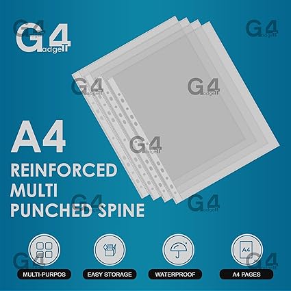 New 100 Pcs A4 Plastic Punched Punch Pockets 30-35 Micron for Folders ...