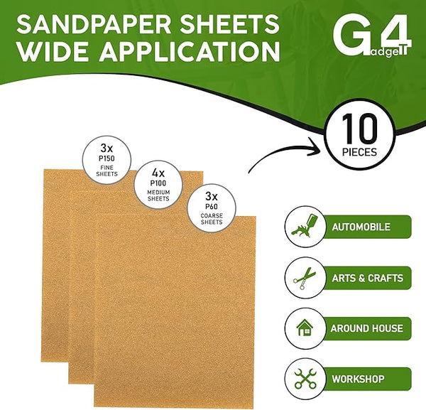 10 Assorted Sandpaper Sheets – Includes 3 Coarse, 4 Medium, and 3 Fine ...
